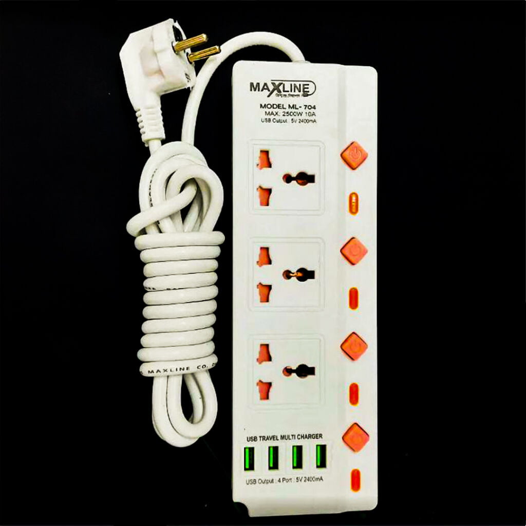 MaxLine ML-704 4 USB 7 Outlets Fast Charging Multiplug Power Strip